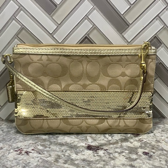 Coach | Bags | Coach Clutch Tan And Gold With Sequins | Poshmark